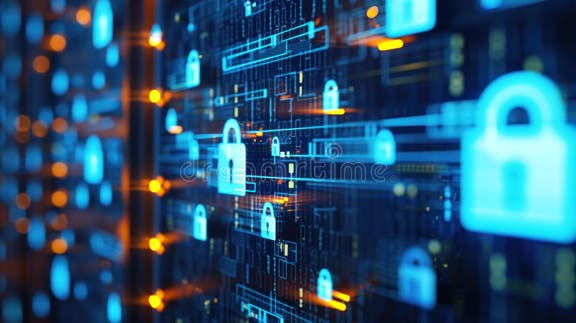 Locked Data Files, Screen Displaying a Series of File Icons Lock Symbol. Digital Interface ...