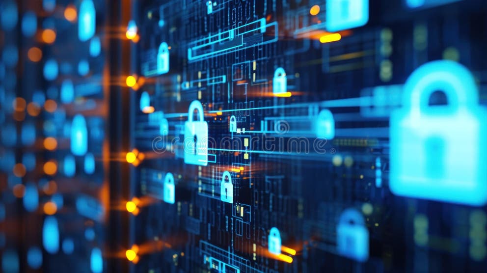 Locked Data Files, Screen Displaying a Series of File Icons Lock Symbol. Digital Interface ...