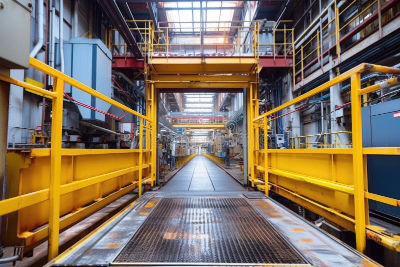 A Locked Factory Gate with an Empty Conveyor Visible through it Stock ...