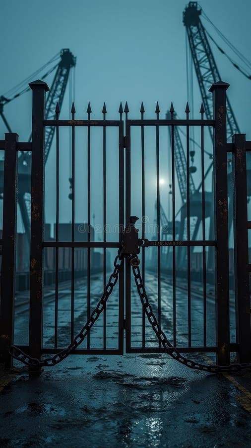 Locked Gate at Industrial Port Under Foggy Skyline with Cranes Stock ...