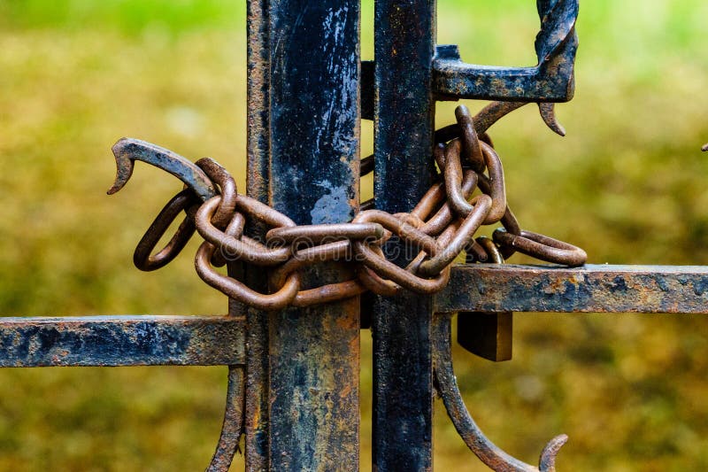 Locked Gate by Metal Chain and Padlock Stock Photo - Image of garden ...
