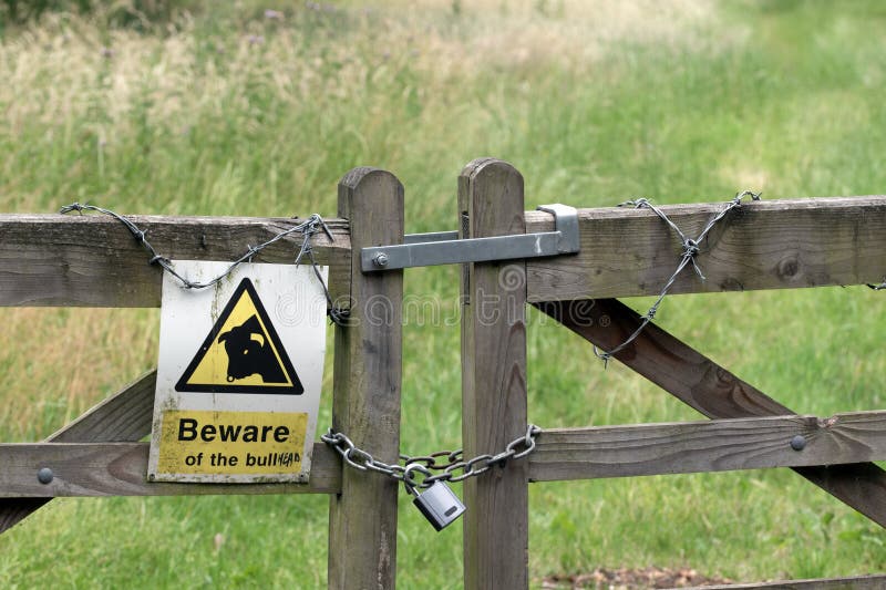 Locked Gate To Field with Beware of Bull Sign Stock Photo - Image of ...