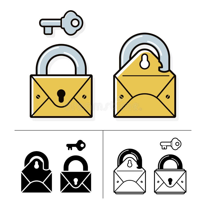 Locked Mail Icon Collection with Padlock and Key Stock Vector ...