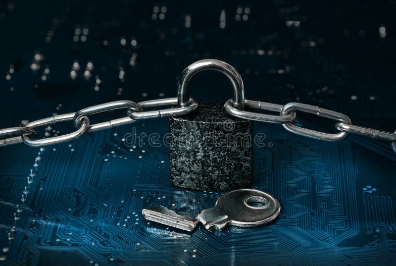 Locked Padlock, Chain and Broken Key on Computer Circuit Board Stock ...
