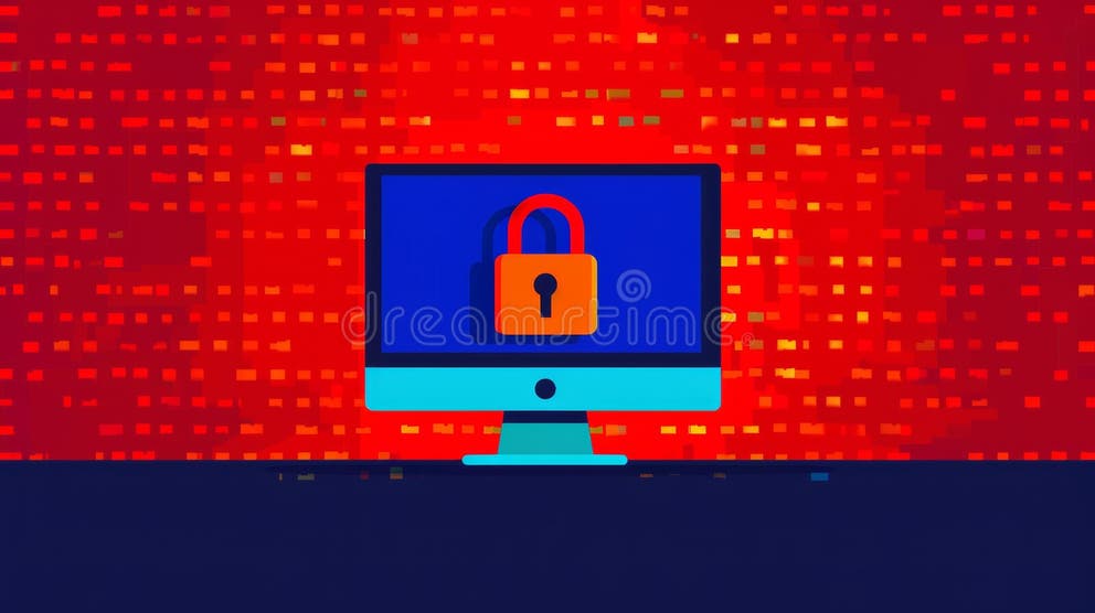 A Locked Padlock Icon on a Computer Screen Against a Red Digital ...