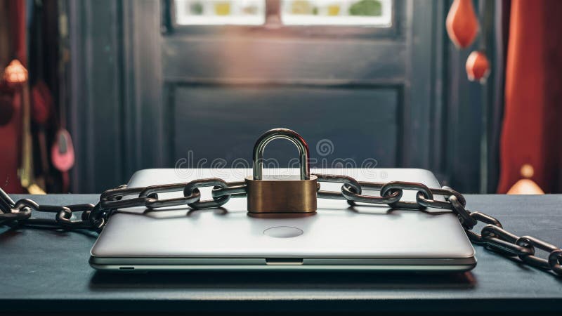 A Locked and Secure Computer Laptop Under Lock and Chain Metaphor Stock ...