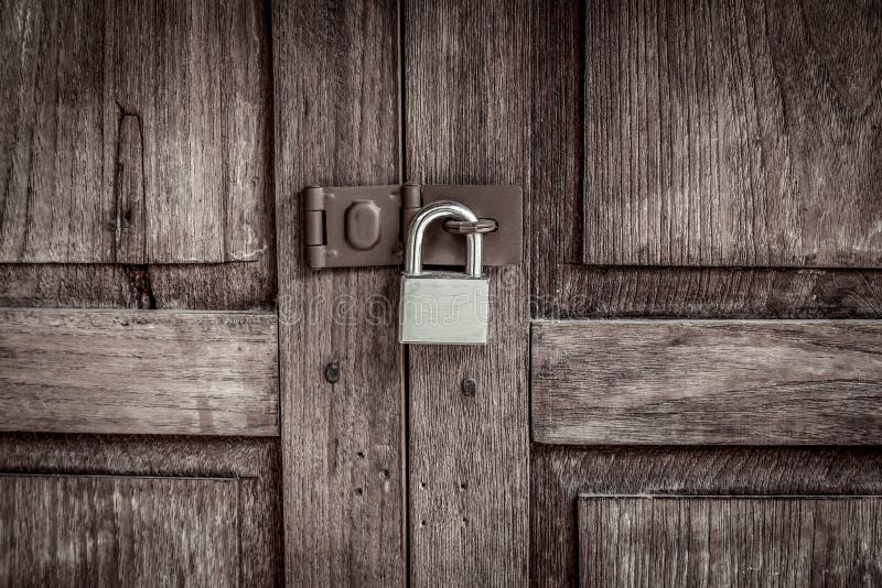 Locked Wooden Door with Silver Padlock Stock Photo - Image of access ...