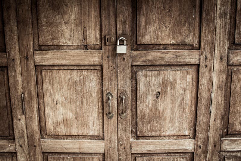 Locked Wooden Door with Silver Padlock Stock Image - Image of closeup ...