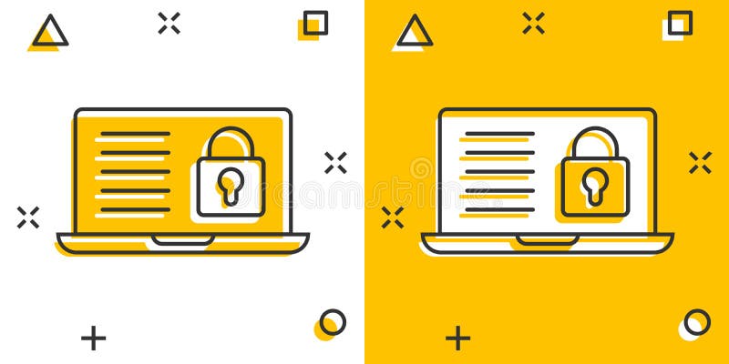 Locker Computer Icon in Comic Style. Padlock Laptop Cartoon Vector ...