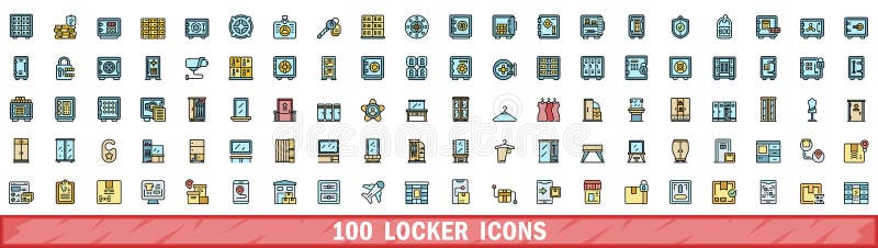 100 Locker Icons Set, Color Line Style Stock Illustration ...