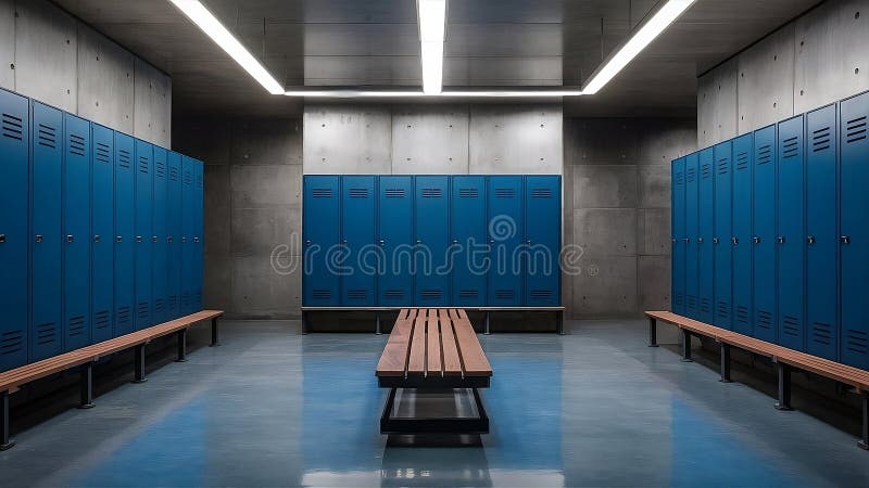 Modern Locker Room with Blue Lockers and Wooden Benches Stock ...
