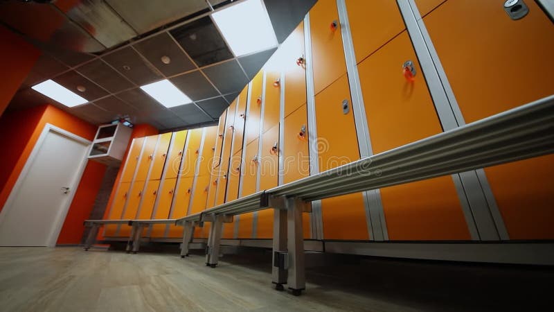 Locker Room with Benches and Rows of Boxes in Stock Video - Video of ...