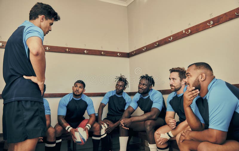Locker Room, Motivation and Rugby Team with Coach or Captain in ...