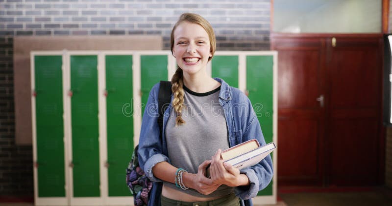 Locker, School and Face of Happy Student with Books Excited for ...
