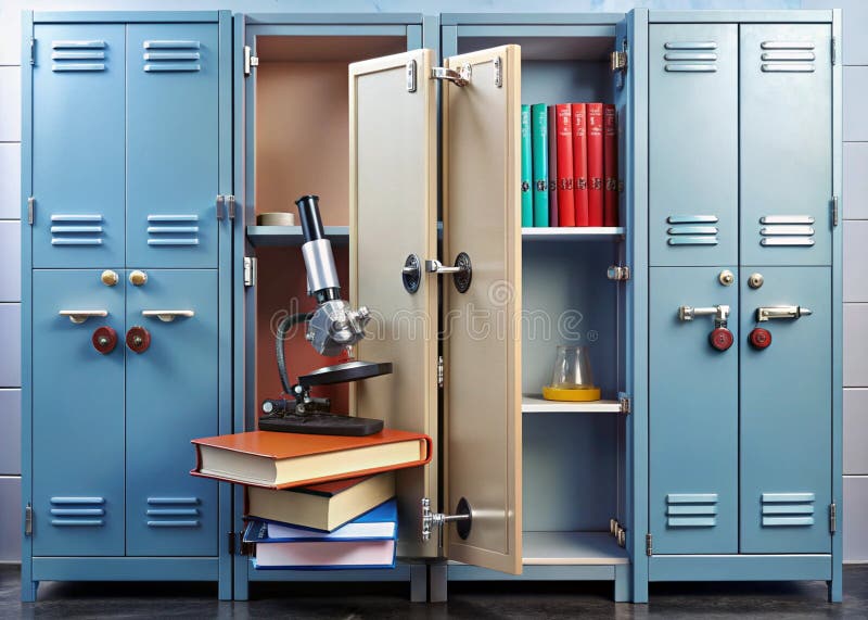 A Locker with Science Textbooks, a Microscope, and Lab Goggles Inside ...