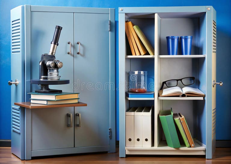 A Locker with Science Textbooks, a Microscope, and Lab Goggles Inside ...