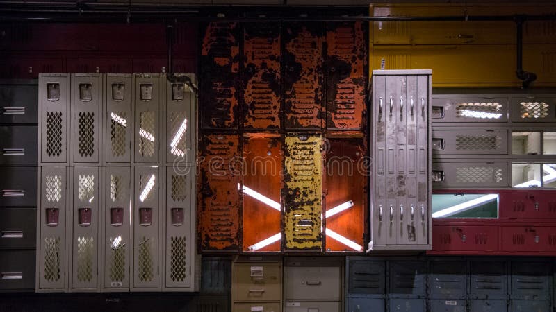 Locker Wall with Neon Lights Stock Photo - Image of indoors, neon ...