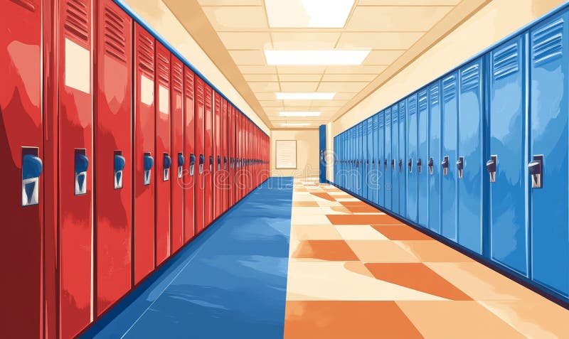 Lockers in Blue and Red Line a Modern School Hallway Stock Photo ...