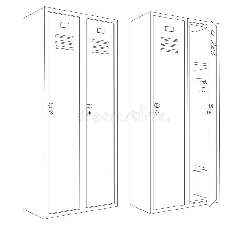Lockers with One Open and Closed Door. Outline Drawing Stock Vector ...