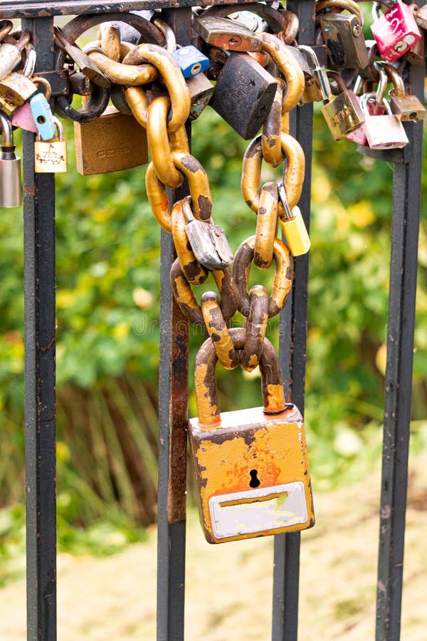 Locks on the Bridge Railings after the Wedding Ceremony. Stock Photo ...