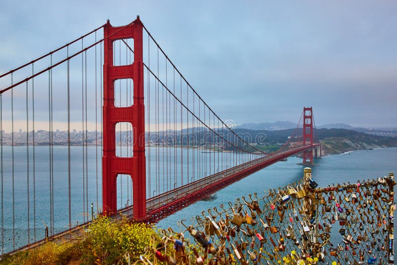 Locks on Chain Link Fence at Golden Gate Bridge Overlook with View of ...