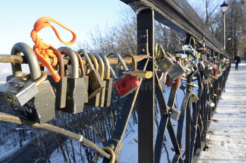 Locks Hanging on Bridge Railing on Devil Bridge, Khreshchaty Park, Kyiv ...