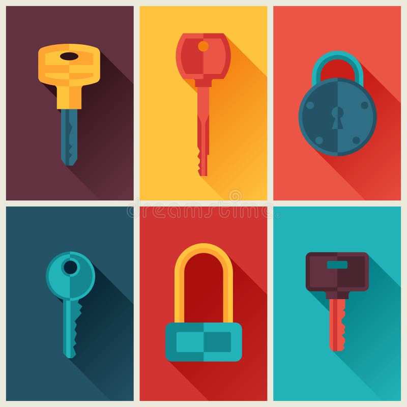 Locks and Keys Icons Set in Flat Style Stock Vector - Illustration of ...