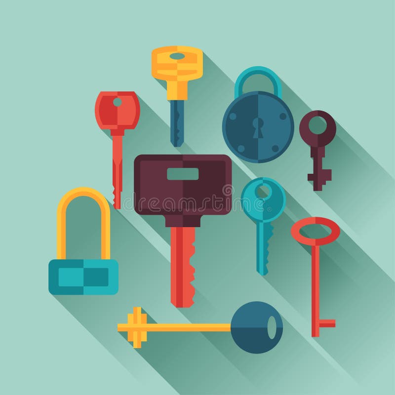 Locks and Keys Icons Set in Flat Style Stock Vector - Illustration of ...
