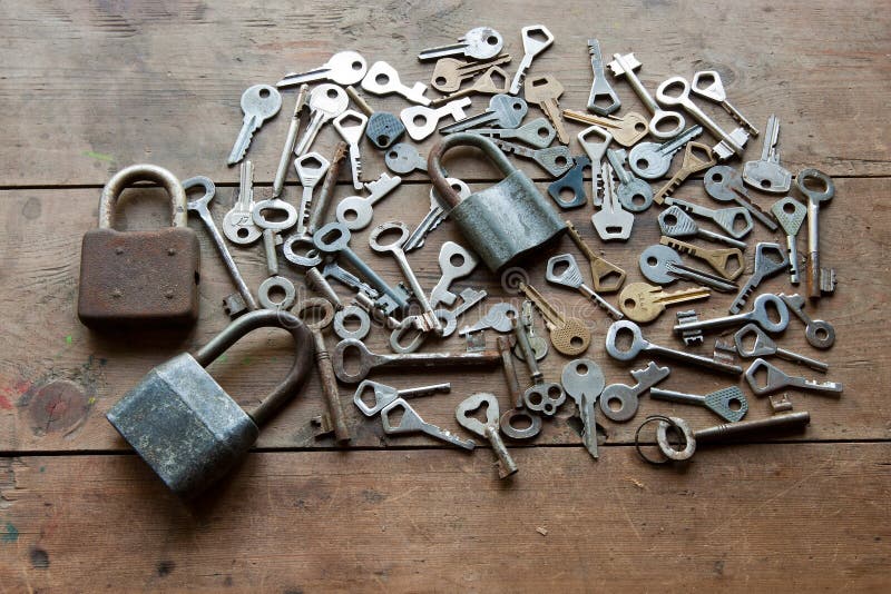 Locks and Keys on Wooden Table Stock Photo - Image of mixed, idea: 16482812