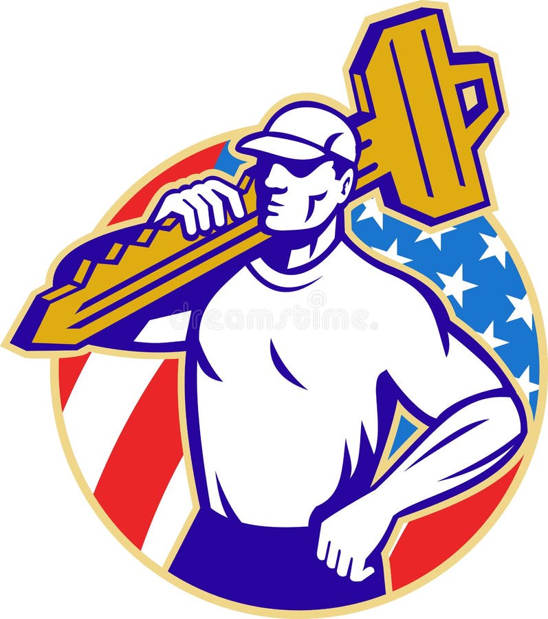 Locksmith Holding Key with American Flag Stock Illustration ...
