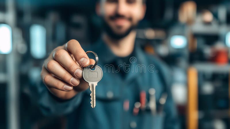 Locksmith Presenting New Key with Close-up of Handholding in Workshop ...
