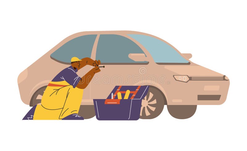 Locksmith Repairing Car Locks - Vector Illustration on Isolated ...