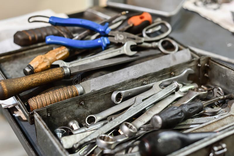 Locksmith`s Box with Keys and Tools for Repairing Mechanical Equipment ...