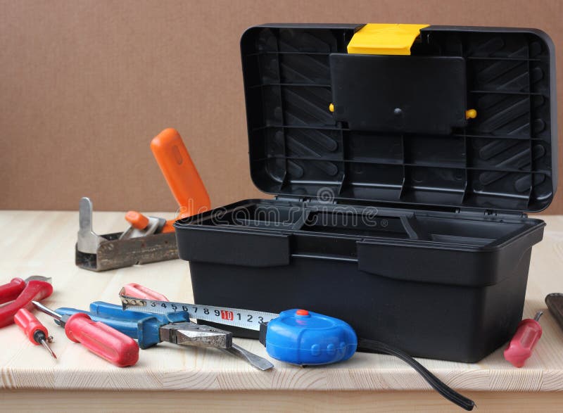 Tools on a Wooden Table. Workshop, Tool Box Stock Image - Image of ...