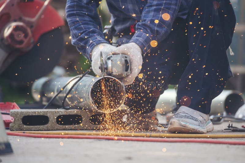 Construction Worker Hands Using Welding Machinery Iron Metal Sparking ...