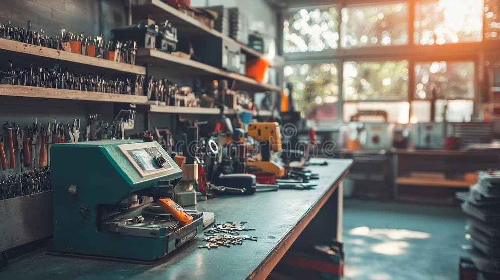Locksmith Workshop with Key Duplication Machine on a Counter and ...