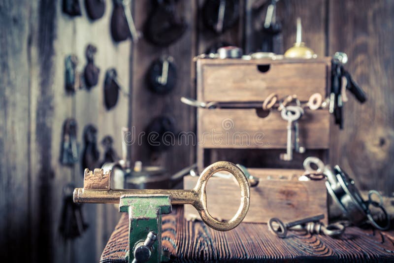 Locksmiths Workshop with Aged Tools, Locks and Keys Stock Photo - Image ...