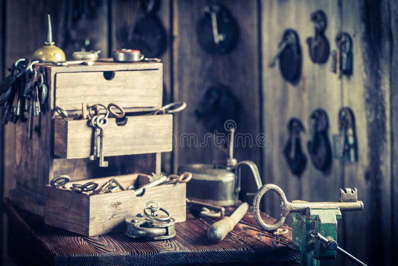 Locksmiths Workshop with Keys and Locks Stock Image - Image of metal ...