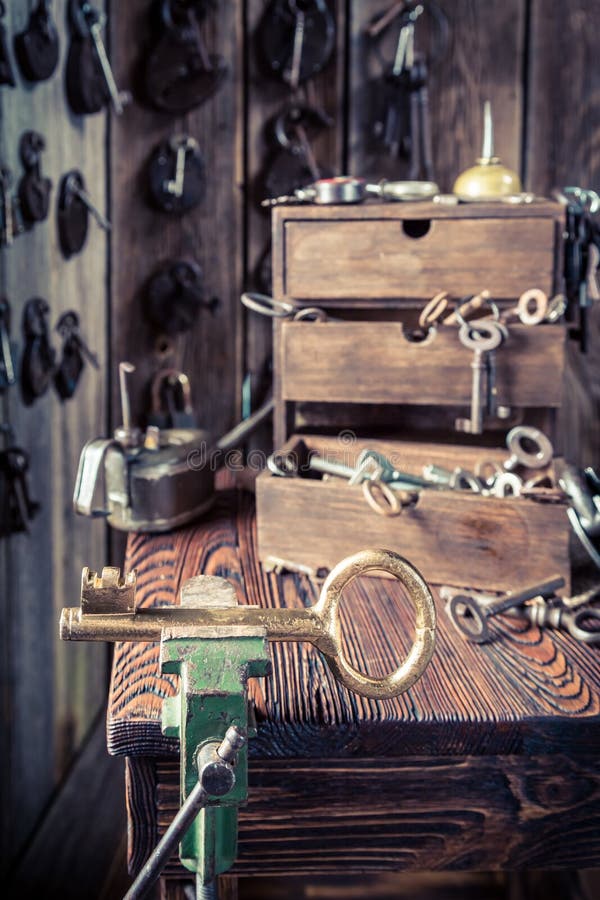 Locksmiths Workshop with Old Keys and Locks Stock Photo - Image of ...