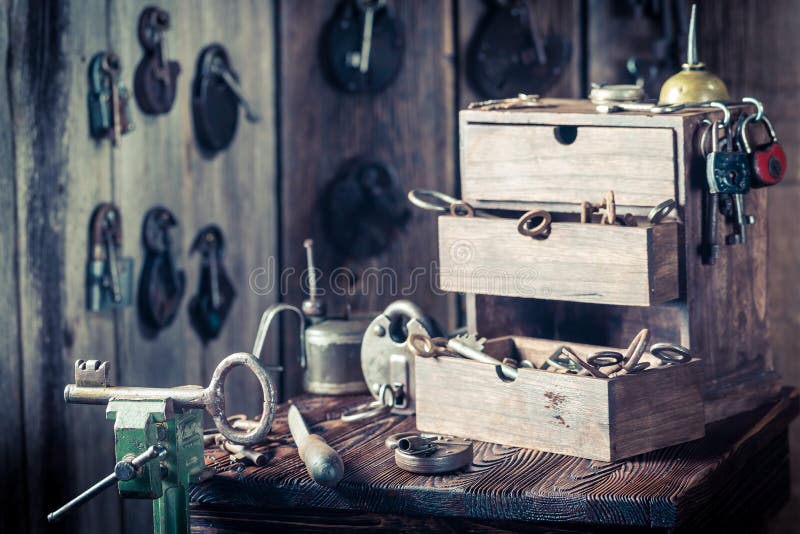 Locksmiths Workshop with Tools, Keys and Locks Stock Photo - Image of ...
