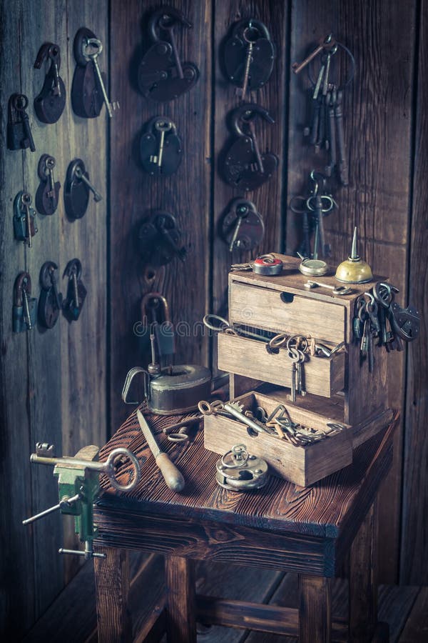 Locksmiths Workshop with Tools, Locks and Keys Stock Photo - Image of ...