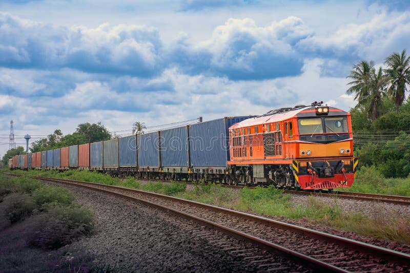 Locomotive with Cargo Containers on the Railway. Stock Image - Image of ...