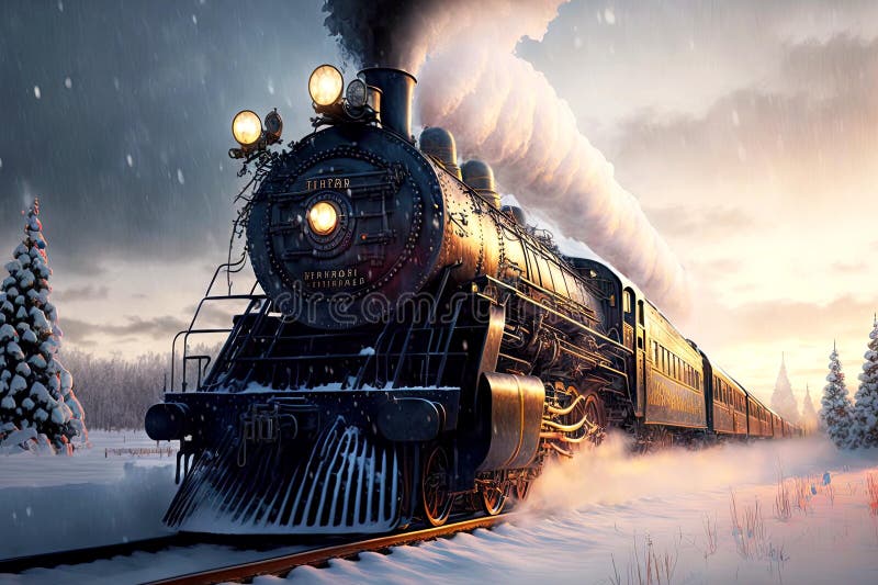 Locomotive with Flashlight on Rides with Polar Express Train on Rails ...