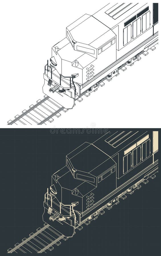 Locomotive Isometric Blueprints Close Up Stock Vector - Illustration of ...