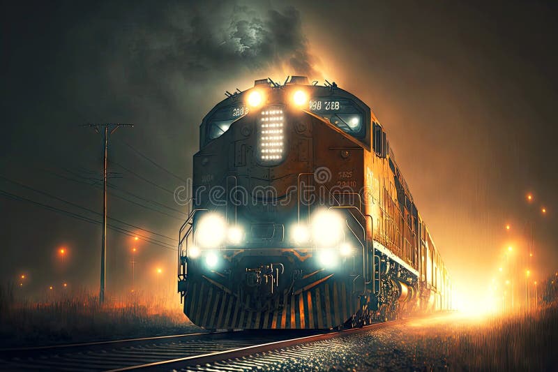 Locomotive Lit Headlights and Pulls Cargo Train on Rails at Night Stock ...