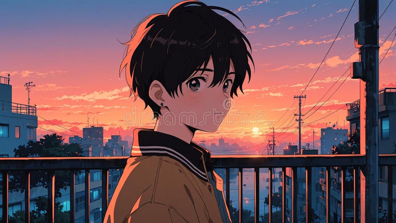 Lofi Aesthetic Anime Boy Kid in Sunrise Ai Generated Stock Illustration ...