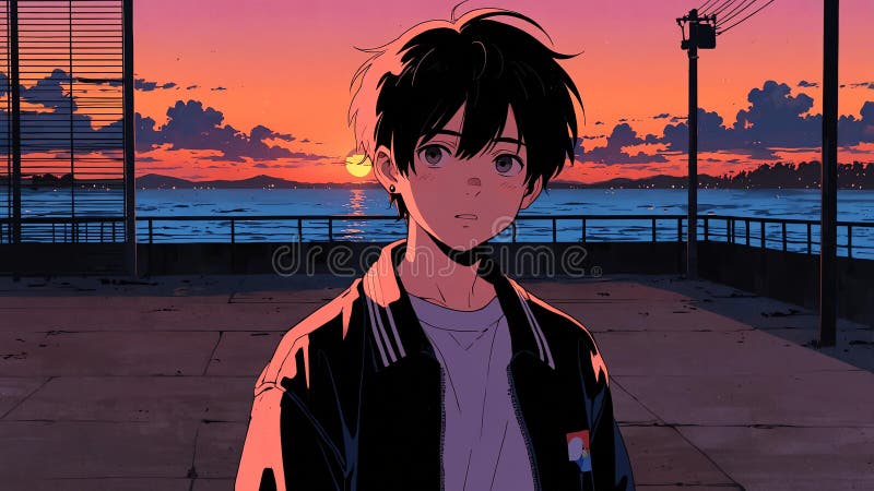 Lofi Aesthetic Anime Boy in Sunset Ai Generated Stock Illustration ...