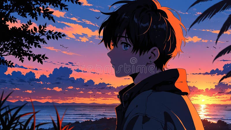 Lofi Aesthetic Anime Boy in Sunset Ai Generated Stock Illustration ...
