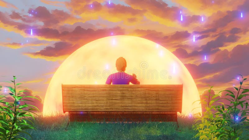 Lofi Boy Sitting Alone on a Bench in a Fantasy Sunset Park: Loop ...