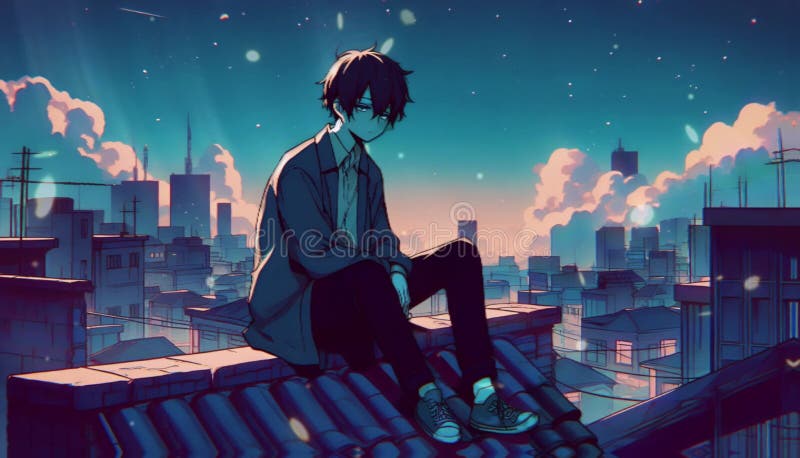 Lofi Sad Boy Anime Cartoon Sitting on a Rooftop. Lofi Loop Motion ...